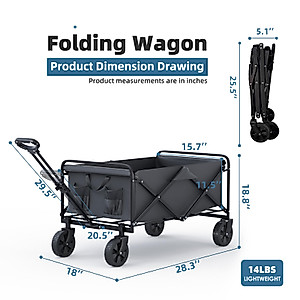 Collapsible Foldable Beach Wagon Carts with 360° Rotating Wheels for All Terrain, Utility Heavy Duty Folding Wagon with 300LBS Capacity for Grocery, Sand, Garden, Outdoor, Camping (Black)