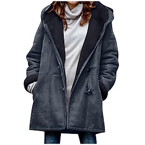 Plus Size Winter Coats for Women 2024 Warm Sherpa Fleece Lined Distressed Jackets Hooded Parka Faux Suede Pea Coat Outerwear, plus size winter coats for women plus size coats for women 3x, Navy XL