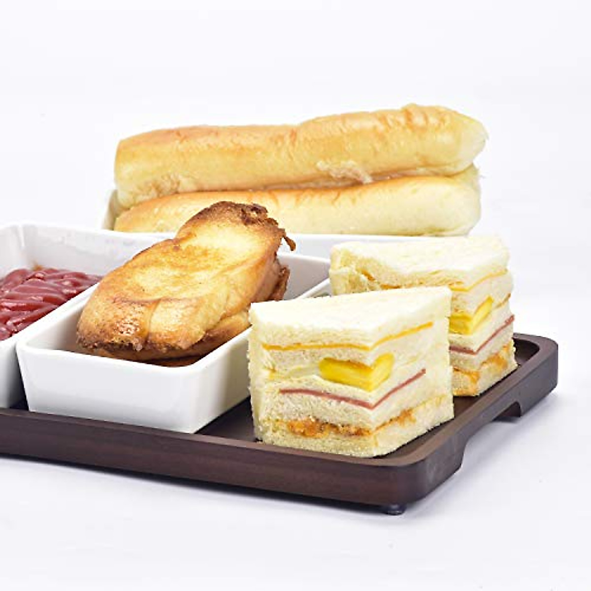 Creamic Snack Serving Tray 3 Pieces Long Strip Ceramic Bowls and A Brown Trays, Movable Moisture-Proof Food Bowls, Can Dress up Snacks, Fruits, Condiments, Bread, Barbecue, appetizers