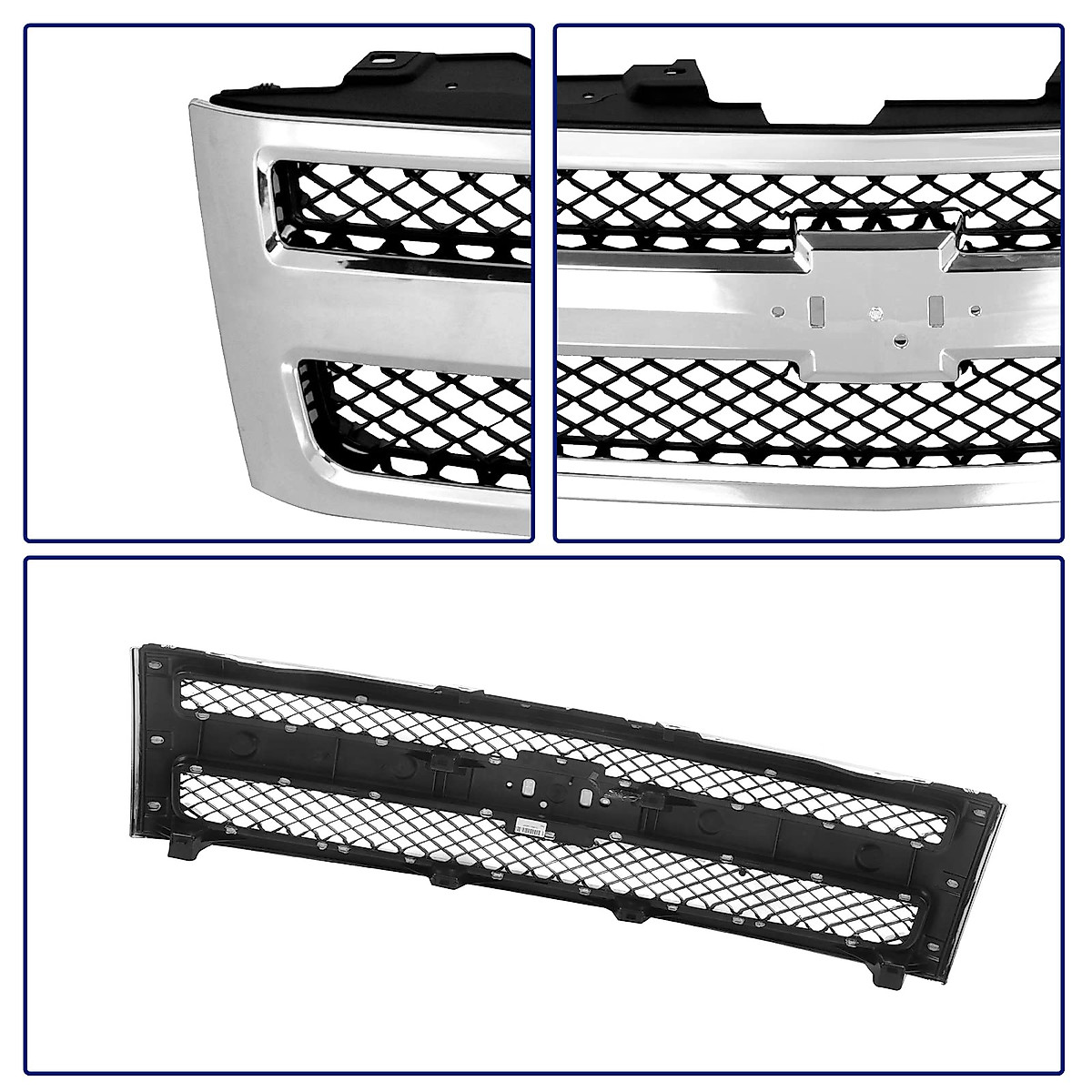 JustDrivably Replacement Parts Front Grille Grill Assembly With Chrome Frame Shell With Black Mesh Insert Compatible With Chevrolet 1500 Pickup Truck 2007 2008 2009 2010 2011 2012 2013