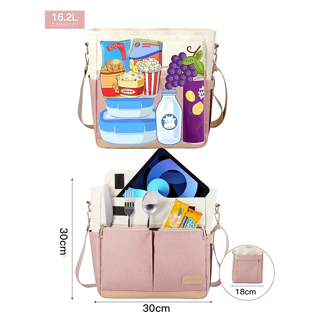 JOYHILL Lunch Bag for Women, Lunch Tote Leakproof Insulated Lunch Box with Shoulder Strap, Adult Reusable Lunch Cooler Tote Bags for Work Picnic Camping Beach (A-PINK)