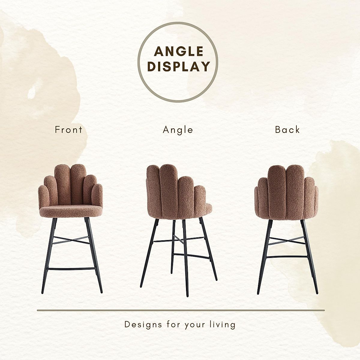 RHYNZEE 26 inch Bar Stools Set of 2, Boucle Fabric Modern Counter Height Bar Stools with Back and Black Metal Legs, Sherpa Upholstered Kitchen Island Chair for Home Kitchen Bistro Coffee Shop (Brown)