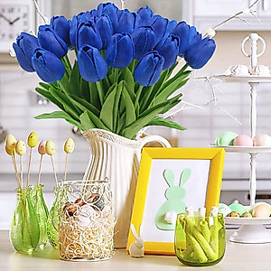 Lazeny 20 pcs Artificial Tulip Flowers Real Touch PU Bouquet Fake Flower Arrangements Indoor Outdoor Wedding Decoration Table Centerpieces, for Home Office Party Garden Porch Window Decor (Blue)