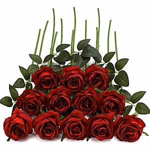 12PCS Artificial Roses Silk Flowers Fake Roses Bouquet Long Stem for Home Wedding Decoration Party (Wine)