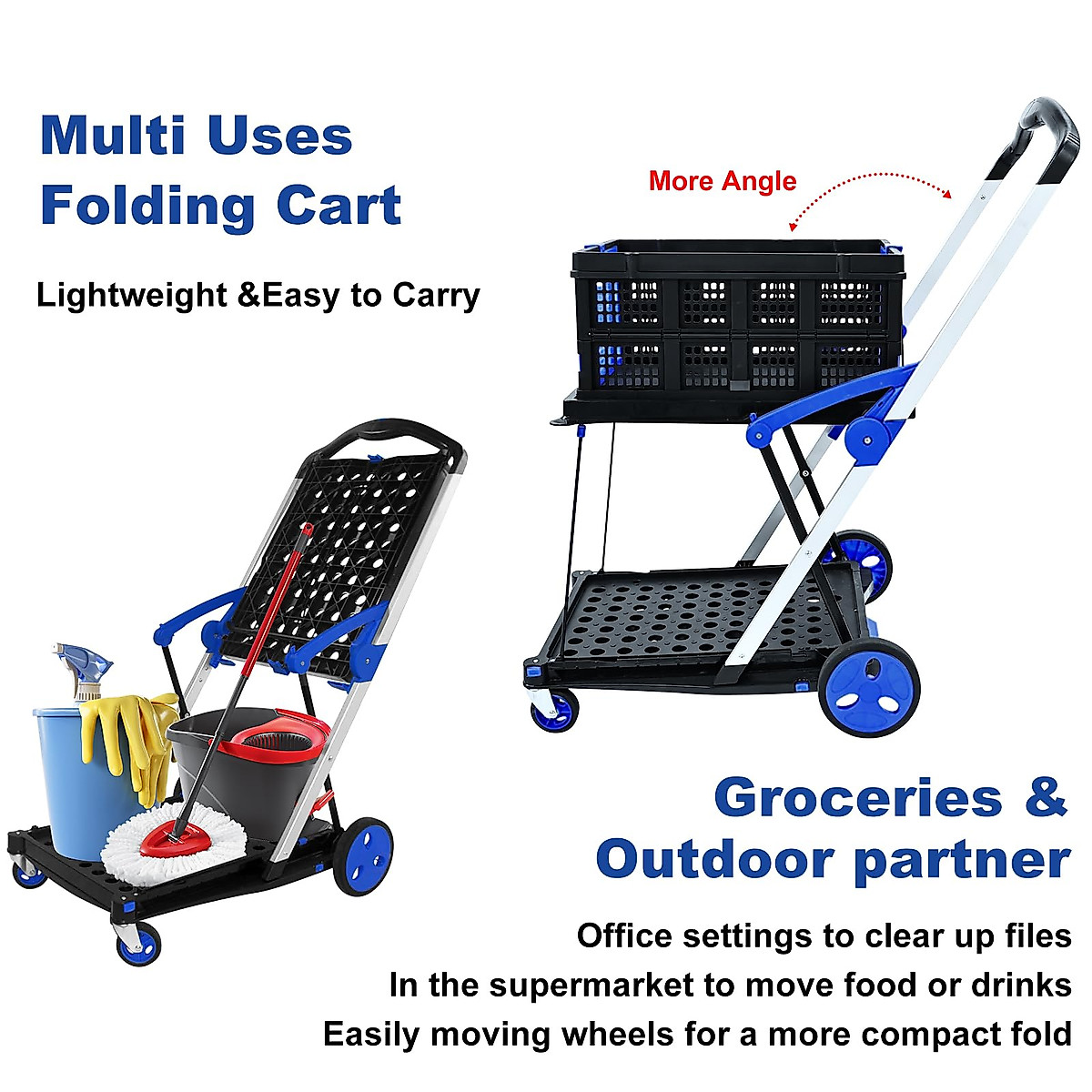 OSWIN Double Layer Folding Shopping Cart, Foldable Portable Trolley, Utility Cart with Shoping Baskets, Office Folding Cart with Wheels, Multi Use Functional Collapsible Carts for Supermarket