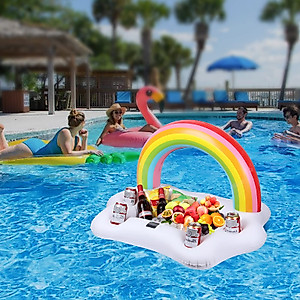 FirstE Inflatable Rainbow Cloud Drink Holder with Lights, Solar Powered Floating Beverage Salad Fruit Serving Bar Pool Float Lights Party Accessories, Floating Bar Cup Holder for Water Fun 2PC