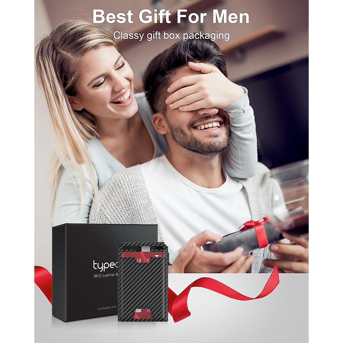 typecase Mens Wallet Card Holder: Pop Up Card Case, Genuine Leather, RFID Blocking, Smart, Slim, Minimalist, Thin - 13 Card Capacitiy, ID Window, Cash Strap (Carbon Fiber)