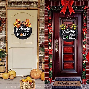 IDATOO Interchangeable Welcome Home Sign, Front Door Decor With 4 Seasonal Wreaths and 21 Changeable Icons, Rustic Wood Wall Porch Hanger for Holiday Halloween Christmas(Black)