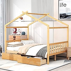RUNWON Full Size House Platform Bed with Two Drawers,Headboard and Footboard,Roof Design for Kids Adults Bedroom