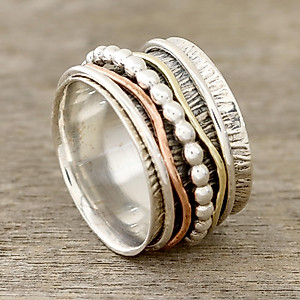 NOVICA Artisan handmade sterling silver spinner ring patterned rig with brass copper no stone meditation india [Band width 12 mm W] ' dotted flair'