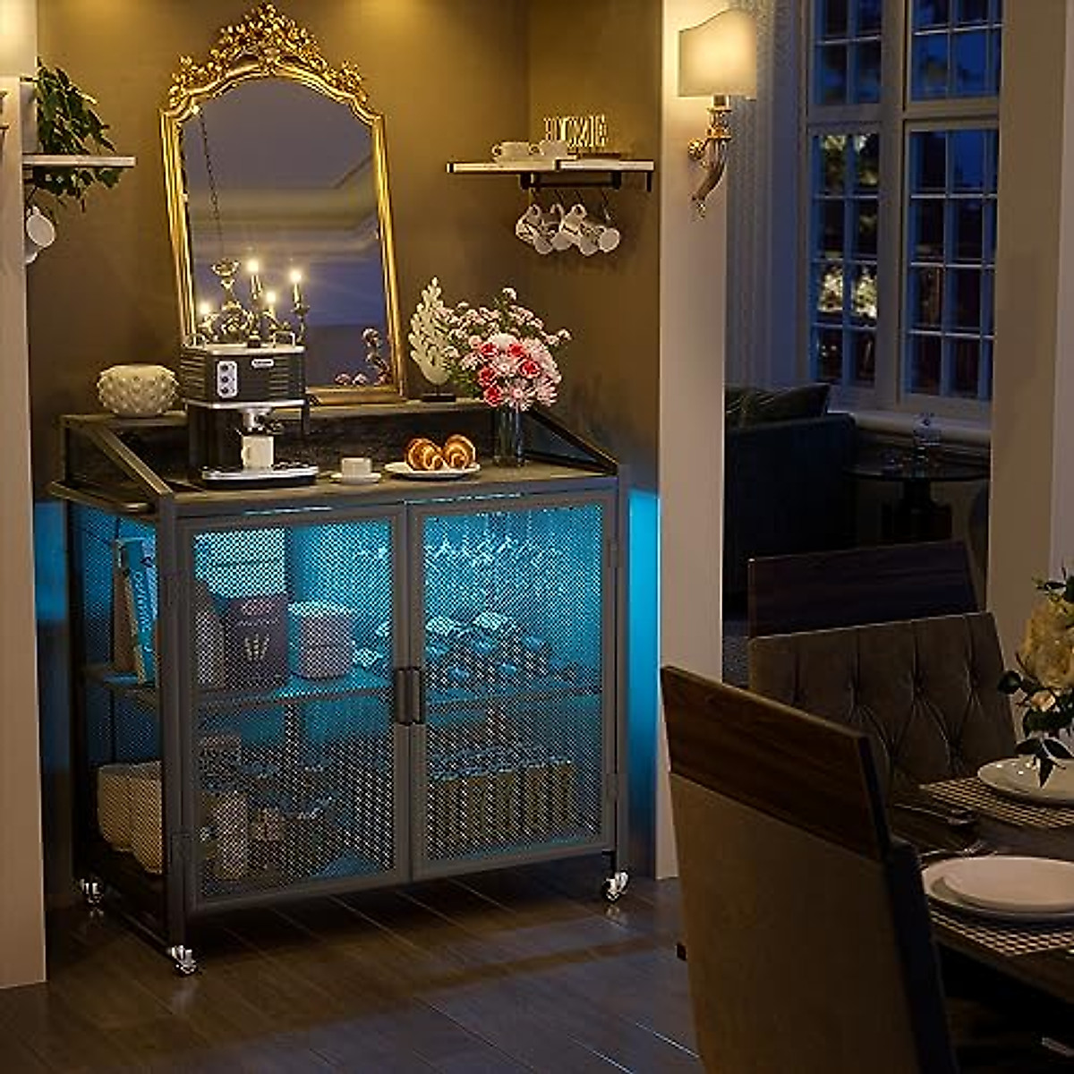 Cyclysio Sideboard Buffet Cabinet with Power Outlets, Wine Bar Cabinet with LED Lights Kitchen Cabinet Modern Accent Buffet Cabinet with Door for Bedroom, Living Room, Kitchen, Office Grey