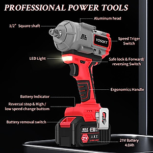 YOSOFT 1000N.m(740ft-lbs) Cordless Impact Wrench,1/2" High Torque Impact Gun,21V Brushless Electric Impact Wrench with 2 * 4.0Ah Battery,5 Sockets Fast Charger,Power Impact Wrench for Car Home