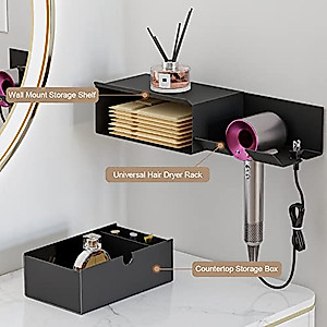 Tindbea Hair Dryer Holder Wall Mounted + Acrylic Drawer Storage, Hair Accessories Organizer, Blow Dryer Holder for Vanity, Hair Dryer Bracket for Dyson, Matte Black