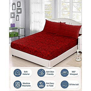 Full Size Fitted Sheet Bed Set Merry Christmas Leaves on Red Deep Pocket Soft Bottom Sheets&Pillowcases for Bedroom Decor Abstract Foliage Texture,Fits Mattress Up to 16" Deep