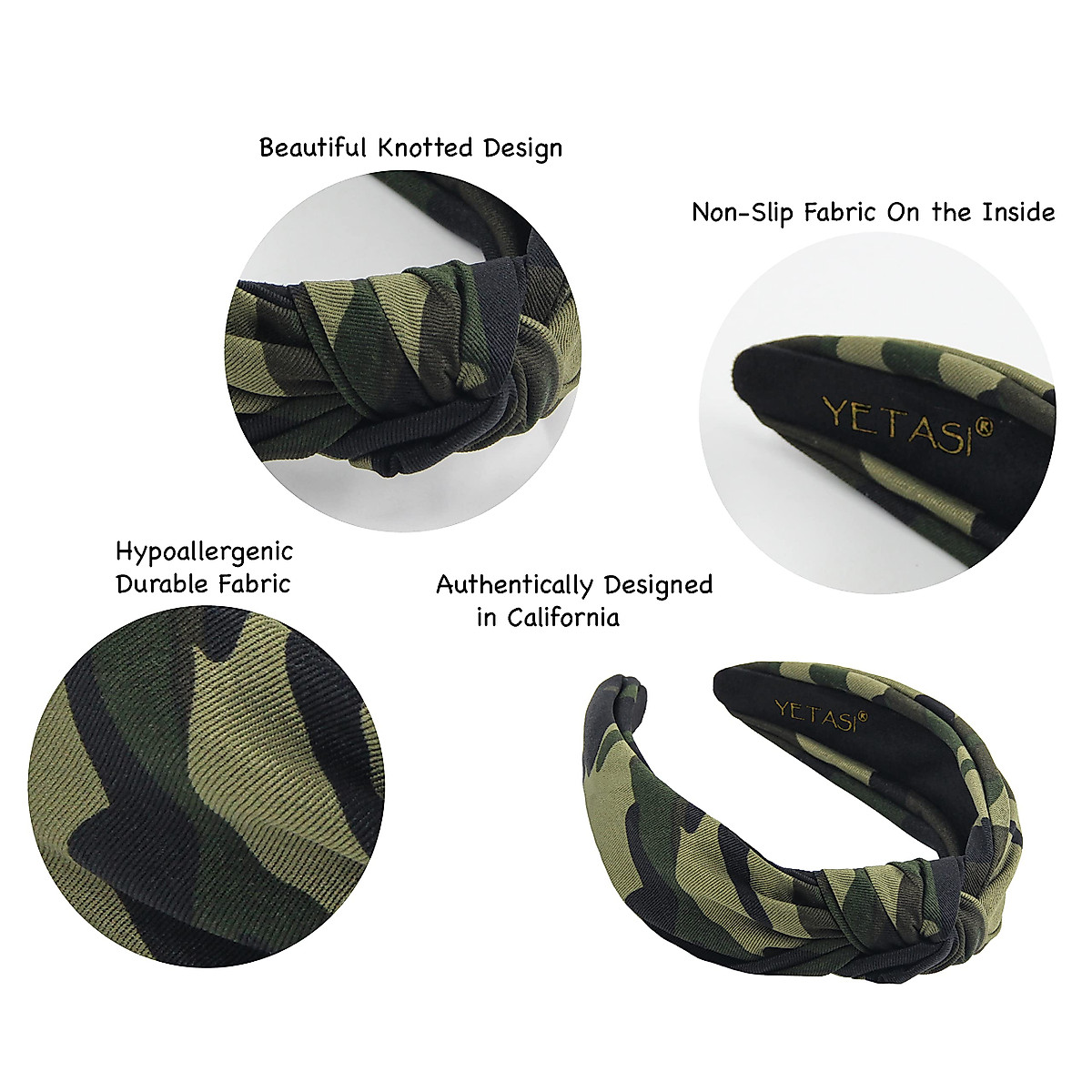YETASI Headbands for Women Knotted Headband for Women Green Camo is Chic. Top Knot Headband Designer is Unique. Fashion Headbands with Knot Head band