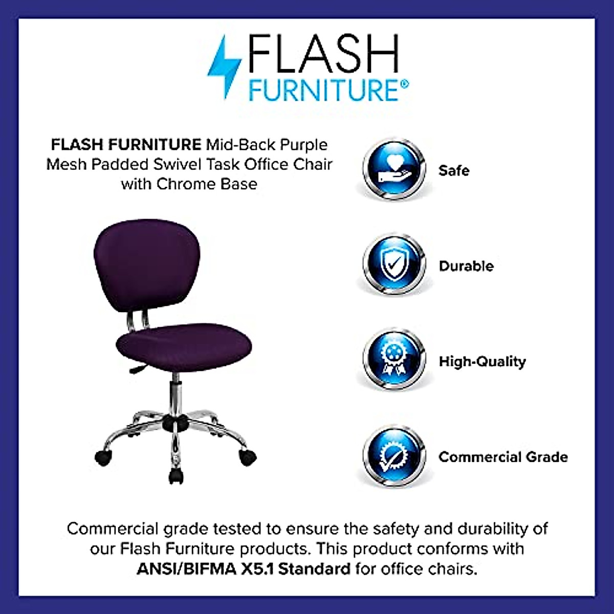 Flash Furniture Beverly Mid-Back Purple Mesh Padded Swivel Task Office Chair with Chrome Base