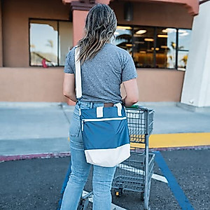 CleverMade Reusable Lunch Bag Cooler - Insulated Beach-Tote for Men & Women - Great for Meal Prep, Travel, Grocery Shopping - 12 Can Capacity with Shoulder Strap, Navy/Cream