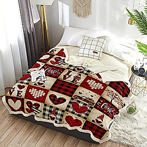 Sherpa Throw Blanket Red Buffalo Plaid,Soft Cozy Blankets Love Gnome Mother's Day,Romantic Thick Reversible Fleece Flannel Plush Microfiber Throws for Couch Bed Sofa Wedding
