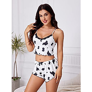 SOLY HUX Women's Sexy Pajama Set Floral Print Lace Trim Cami Top and Shorts V Neck Ruffled Nightwear Sleepwear Black White S