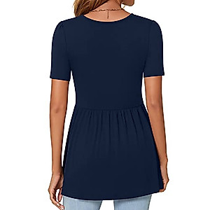 TAOHUADAO Women's 2023 Short Sleeve Tunic Tops Pleated Flare Blouse Hide Belly Shirts V-Neck Babydoll Tops Large, Navy Blue