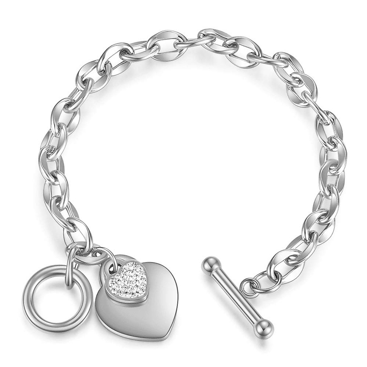 Jukoclut Stainless Steel Cubic Zirconia Heart Charm Toggle Clasp Chain Bracelets for Women Silver