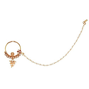 Efulgenz Indian Jewelry Kundan Crystal Nose Ring Hoop Pin Stud Fake Septum Ring with Chain Nose to Ear Chain Non Piercing Body Jewelry