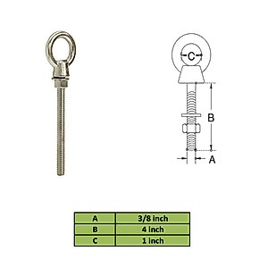 3/8 Inch x 4 Inch Stainless Steel Marine Shoulder Eye Bolt Fully Capacity 1,000 Pounds