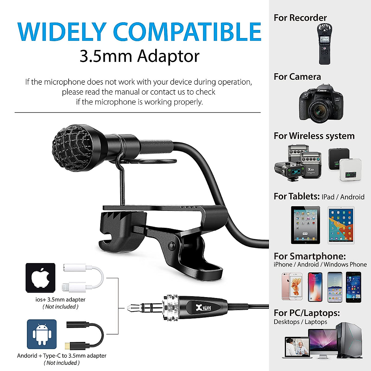 Xvive LV1 Lavalier Microphone Lav Mic Omni-Directional Lapel Microphone for Wireless Lavalier Microphone,Audio Recorder