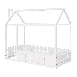 Montessori Bed Frame Twin Size/House Bed Frames, House Floor Bed for Kids, Montessori Floor Bed with Fence, Door and Chimney, White