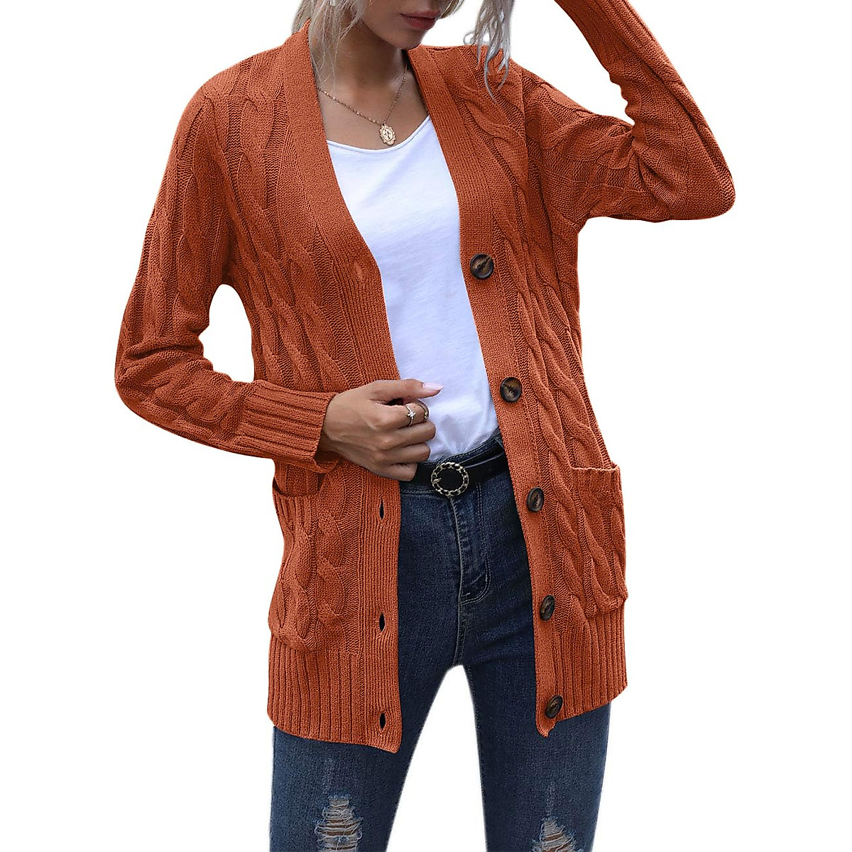MEROKEETY Women's 2025 Fall Long Sleeve Cable Knit Sweater Open Front Cardigan Button Loose Outerwear Rust