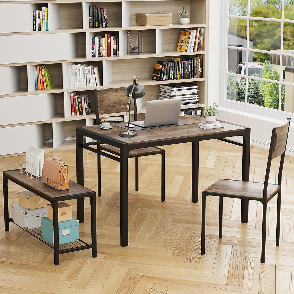 JUMMICO 43.3" Dining Table Set for 4, Kitchen Table with Bench & 2 Chairs Modern Rectangular Metal Frame Dining Furniture Set for Small Space (Rustic Brown)