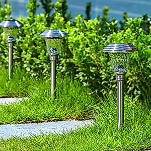 BEAU JARDIN 4 Pack Solar Lights Pathway Outdoor Waterproof Supper Bright Up to 12 Hrs Glass Stainless Steel Metal Auto On/Off Solar Powered Landscape LED Lighting for Garden Yard Walkway Stakes BG136