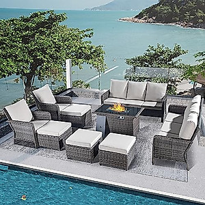 Yechen 9 Pieces Outdoor Patio Furniture, PE Rattan Wicker Conversation Set with 44" 55000BTU Fire Pit Table Sectional Sofa Sets, Patio Conversation Sets for Yard, Pool, Beige