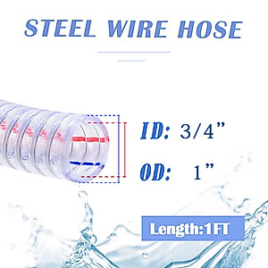 QuQuyi 3/4" ID x 1" OD, 1FT length Steel Wire Hose PVC Vacuum Tubing (with 2 Stainless Clamps), Drain Hose Vinyl Suction Tubing Flexible Tube Vinyl Hose Line