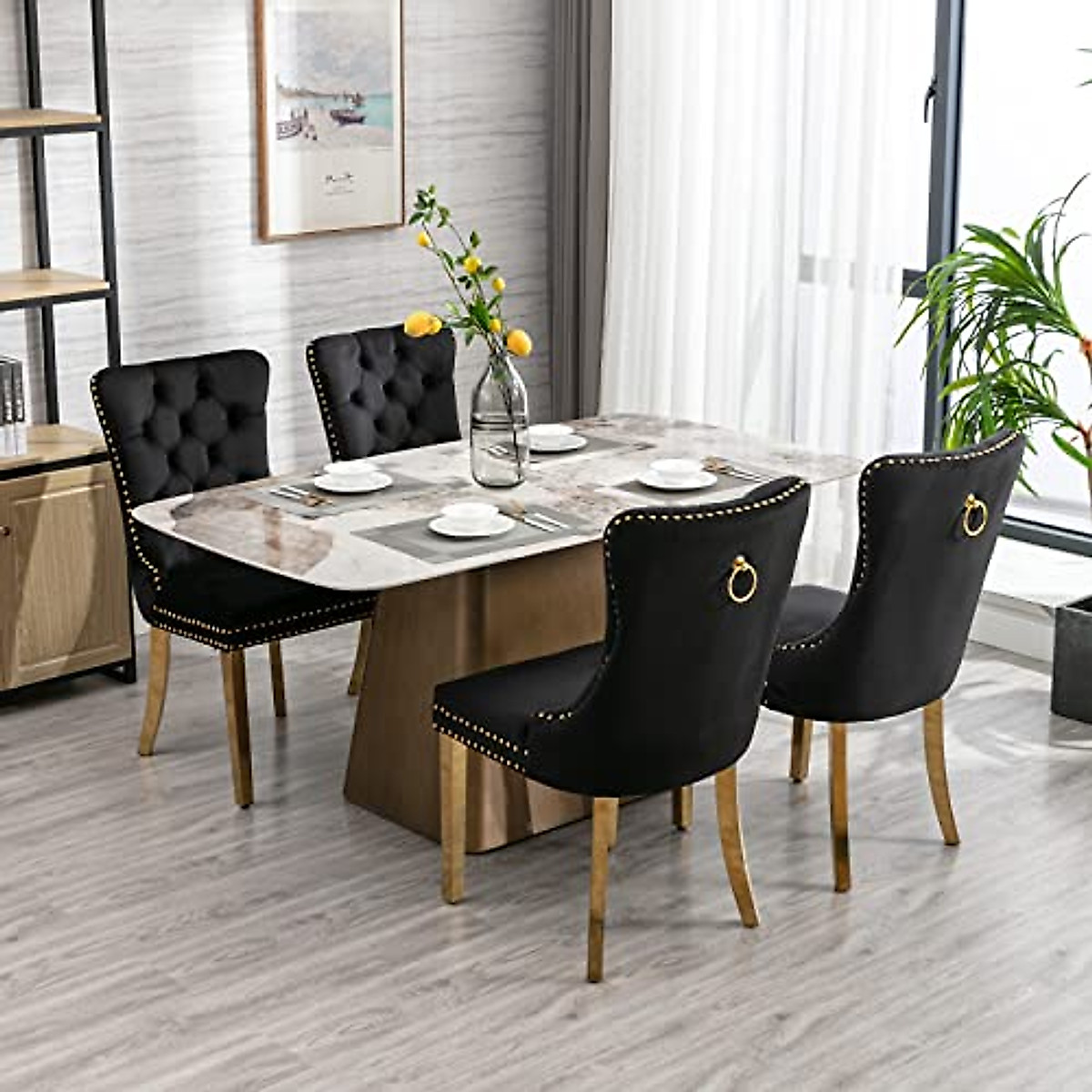 Aoowow Velvet Upholstered Dining Chairs Set of 2, Wingback Armless Side Chairs Button Tufted with Golden Stainless Steel Plating Legs for Kitchen Dining Room (Black-Gold)