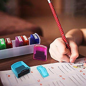 Reliancer 8PCS Teacher Stamp Set Colorful Self-Inking Motivation School Grading Stamps Encouraging Comments Classroom Homework Rating Stamp Office Stationery Stamps with Storage Tray (8PCS-B)