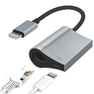 [Apple MFi Certified] 2 in 1 RJ45 Ethernet LAN Network Adapter, Lightning to RJ45 Ethernet Adapter with Charge Port Compatible with iPhone/iPad/iPod, Plug and Play, Supports 100Mbps Ethernet Network