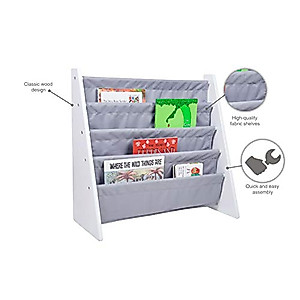 Wildkin Kids Canvas Sling Bookshelf for Boys and Girls, Wooden Design Features Four Fabric Shelves, Keep Bedrooms, Playrooms, and Classrooms Organized, Measures 25 x 24 x 11 Inches (White w/Gray)