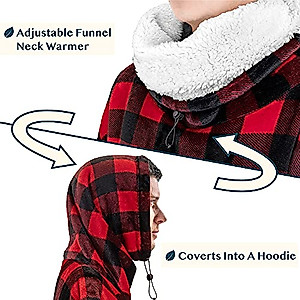 PAVILIA Wearable Blanket Poncho with Neck Warmer Hood, Plush Oversized Poncho Sweater, Large Blanket Cape Hoodie with Giant Pocket, Soft Cozy Gift for Women Men Adult (Sherpa Fleece, Checker Red)