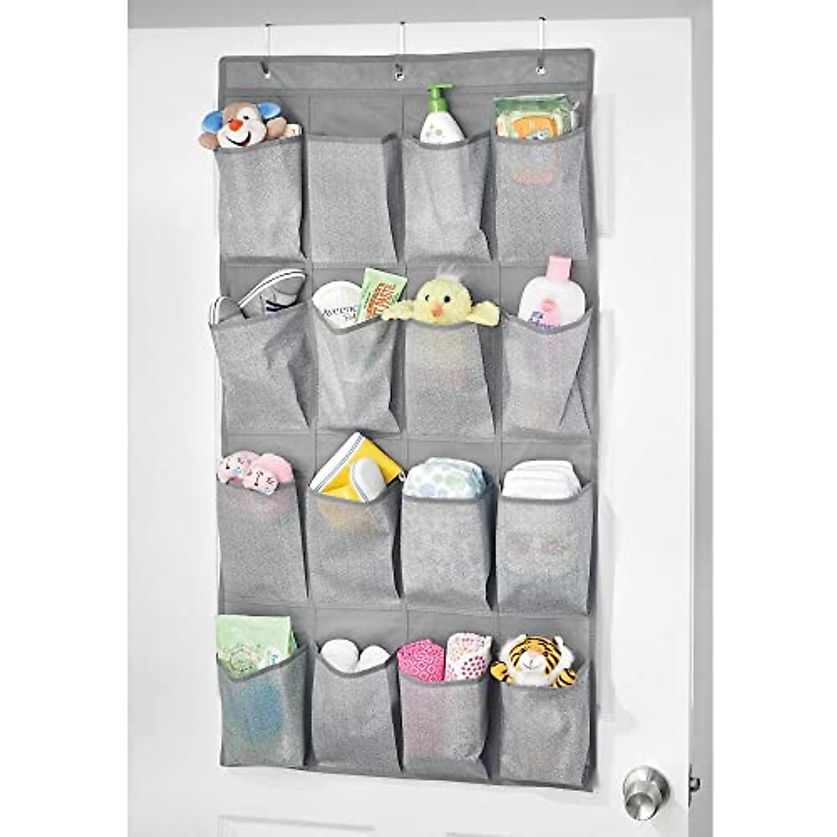 mDesign Soft Fabric Over the Door Hanging Storage Organizer with 16 Deep Pockets for Child/Kids Room, Nursery, Playroom - Metal Hooks Included - Herringbone Print - Gray
