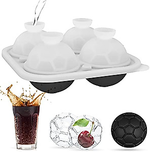 Koilox 3D Soccer Ball Molds Ice Cube Trays Black Silicone,4x Large Ice Ball Maker with Lid Easy Release BPA Free 2.2 Inches Sphere Ice Moulds for Freezer,Whiskey,Cocktail,Juice,Bourbon