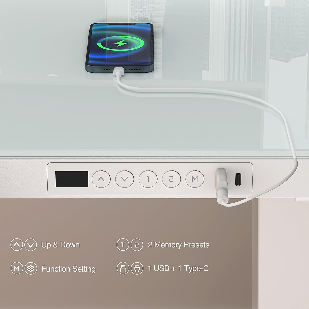 ERGOMORE Glass Standing Desk with Drawer - 45 x 23 Inches Adjustable Height Desk with Memory Preset & USB Ports, Sit Stand Desk for Home and Office (White)