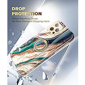 GVIEWIN for iPhone 12 Pro Max Case 6.7 Inch, Built-in 360° Rotate Ring Stand, Stylish Durable Marble Pattern Shockproof Kickstand Phone Holder Protective Case Cover (Drift Sand/Brown)