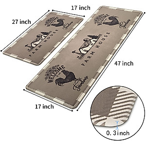 AQQA Kitchen Mat, Anti Fatigue Rooster Buffalo Plaid Sunflower Farmhouse Rugs, Waterproof & Non-Slip PVC Leather Floor Mat for Kitchen, Sink, Office, Laundry, Set of 2 (Brown, 17"x27"+17"x47")