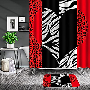 Poedist 4 Pcs Bathroom Shower Curtain Set,Red Leopard Print Shower Curtain Bright Style Shower Curtain Sets with Rugs(Bath Mat,U Shape and Toilet Lid Cover Mat) and 12 Hooks