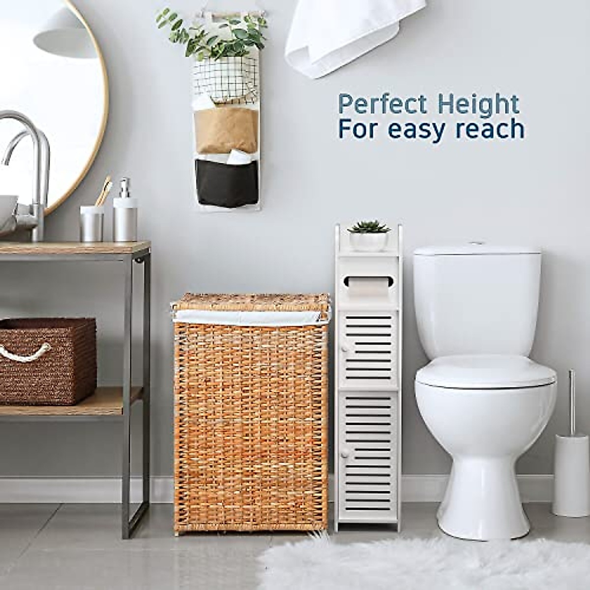 MEZHI Bathroom Storage Cabinet Floor Standing Toilet Paper Organizer Shelves with Door (White)