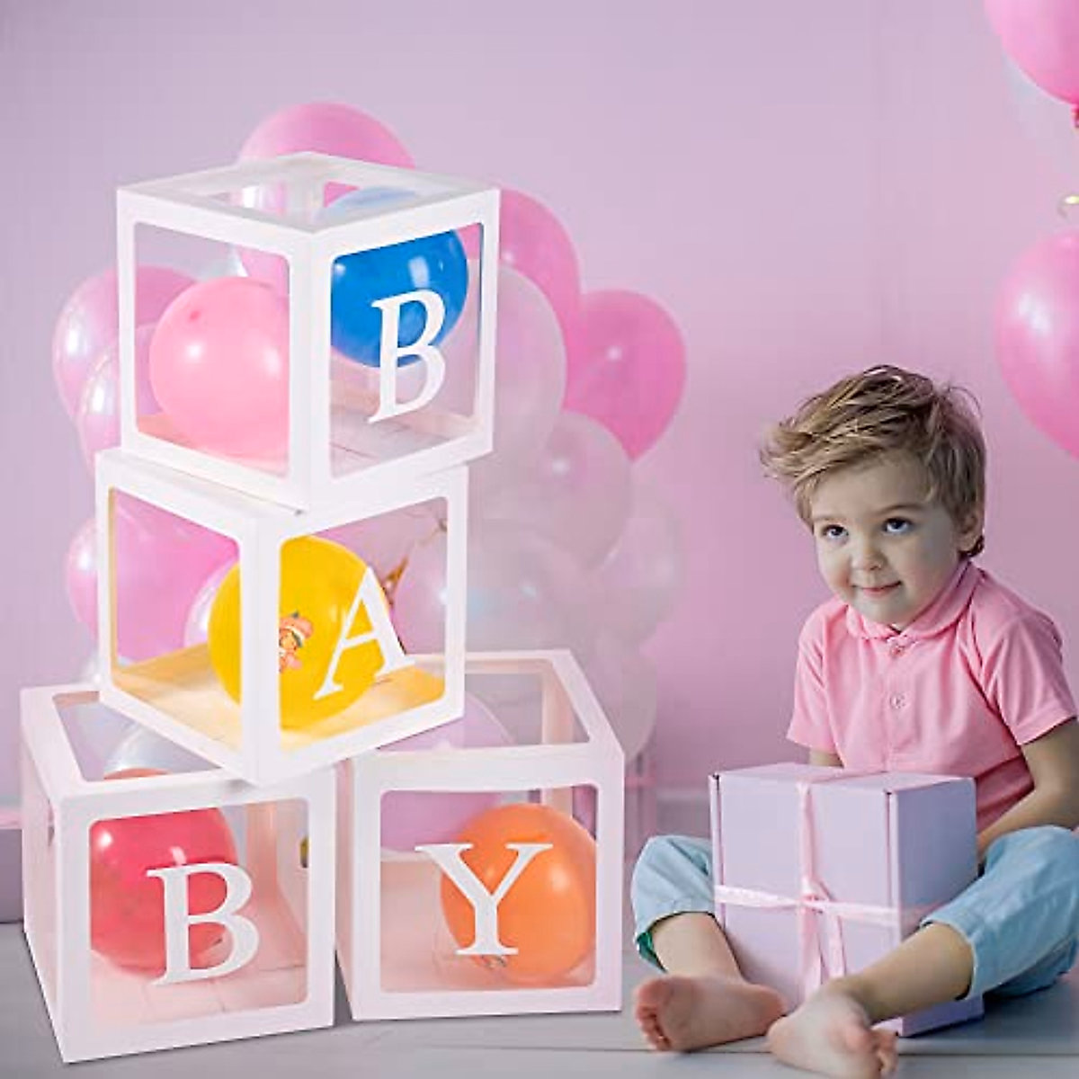 V-LIFE Clear Baby Boxes with Letters for Baby Shower,Baby Shower Decorations, Transparent Ballon Boxes Backdrop,Baby Shower Birthday Party,Gender Reveal,Reusable Favors In Giftbox, Baby Blocks（White）
