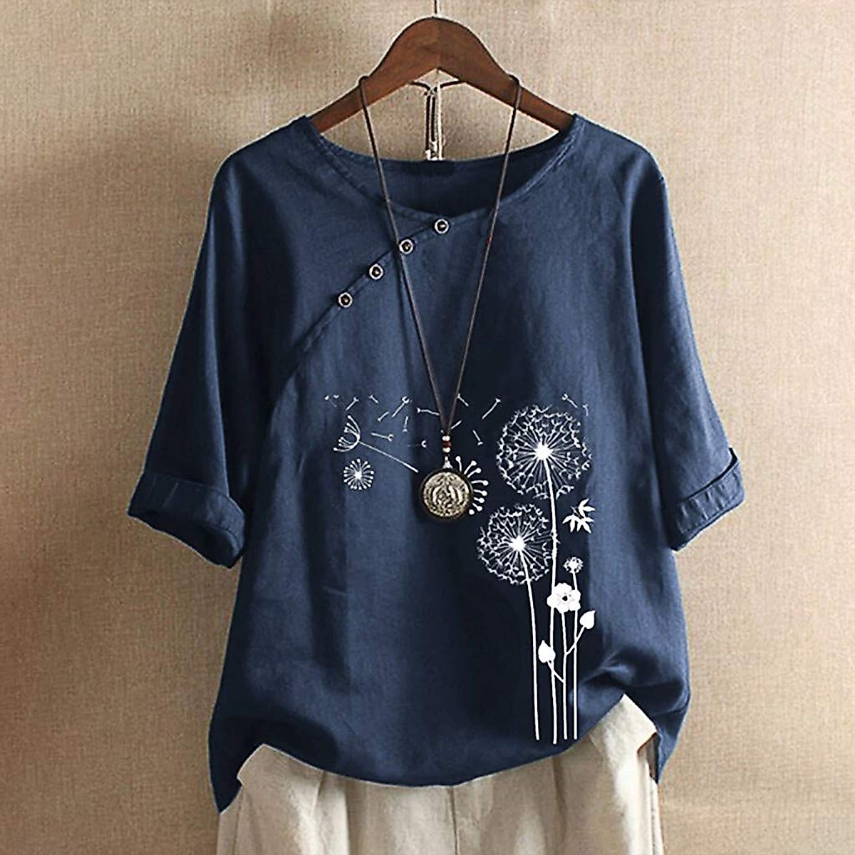 DASAYO Linen Button Down Shirt Women Half Sleeve Loose Vintage Blouses Top Dandelion Print Casual Summer Comfy Shirts Tops