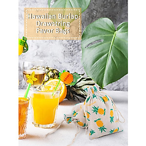 40 Pcs Hawaiian Drawstring Favor Bags- 2 Styles Natural Burlap Pouches Drawstring Gift Treat Bags for Birthday Wedding Summer Beach Luau Tropical Party Favors(Pineapple+ Flamingo, 20pcs Each Style)