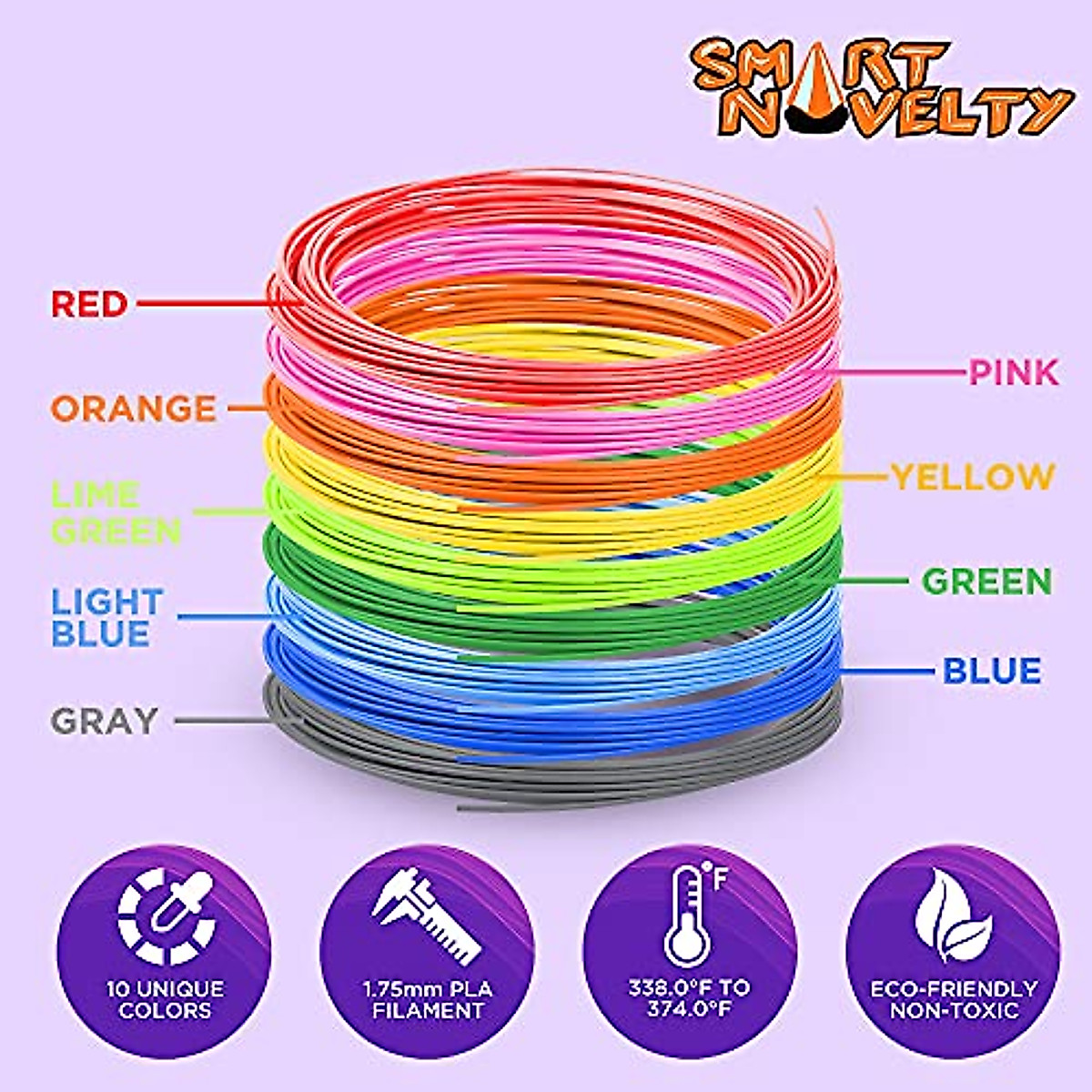 Smart Novelty Premium 3D Pen Filament Refill 10-in-1 Multicolor Bundle Universally Compatible Multicolored 1.75mm - PLA High Precision Pen & Printer Filament Refills- 16 Feet Per Color